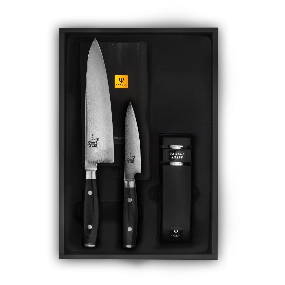 Yaxell Ran Набор ножей кованых кухонных поварских из дамасской стали 69 слоев, с фирменной точилкой, Япония