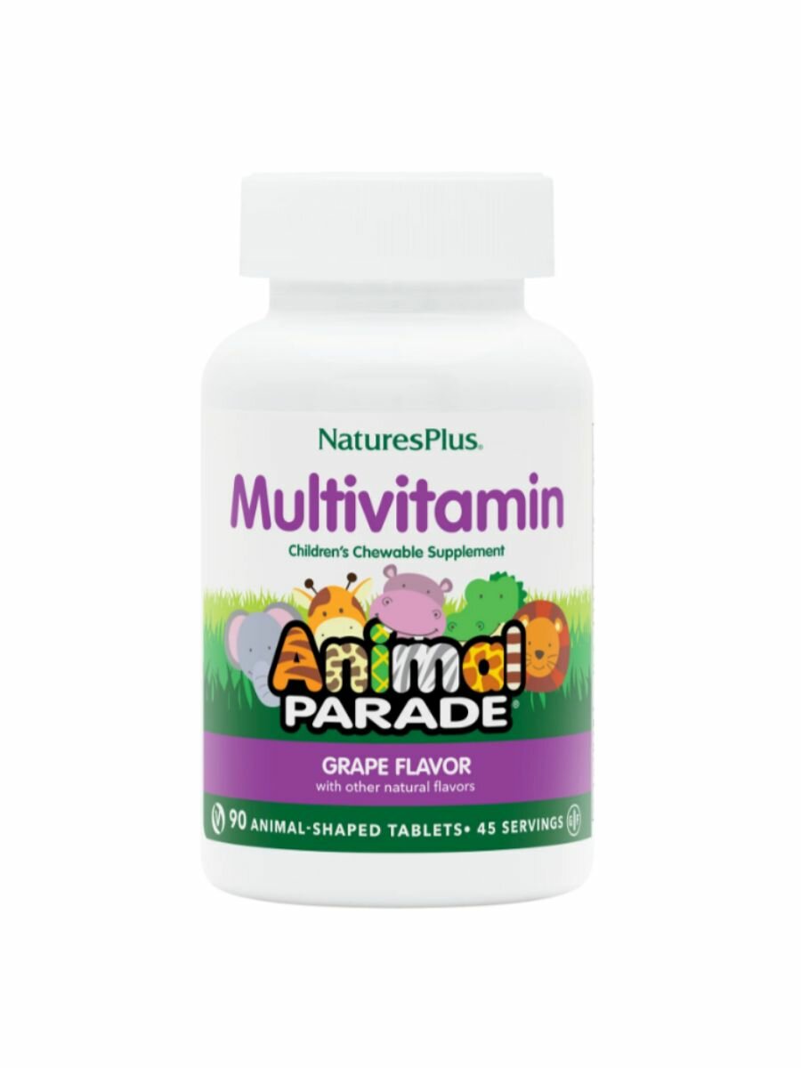 Natures Plus Animal Parade Multivitamin, Мультивитамины для детей, 90 жевательных таблеток со вкусом винограда