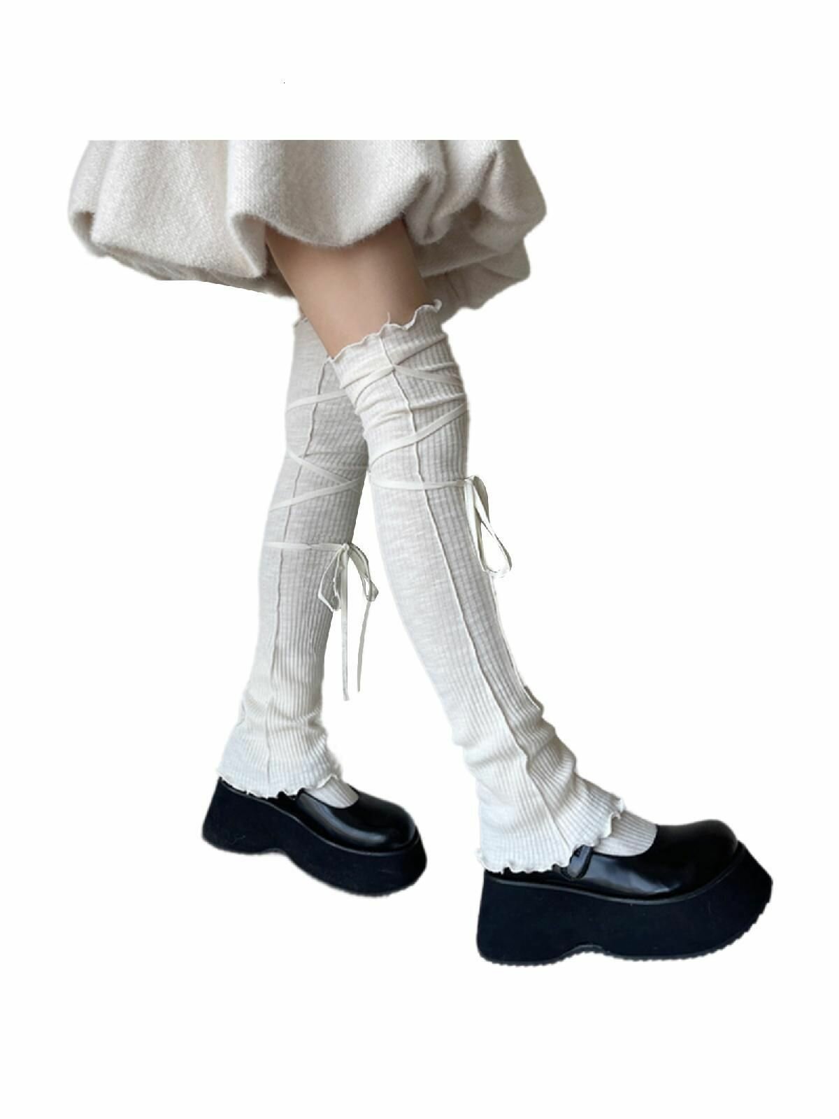 Японские гетры до бедра с кружевными завязками, Белый