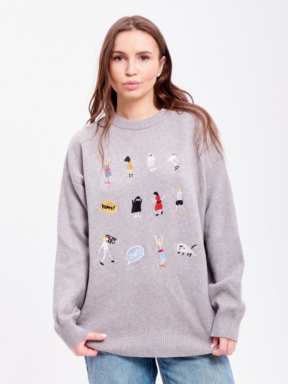 Джемпер  Джемпер женский oversize серый с вышитыми человечками милый 40-50
