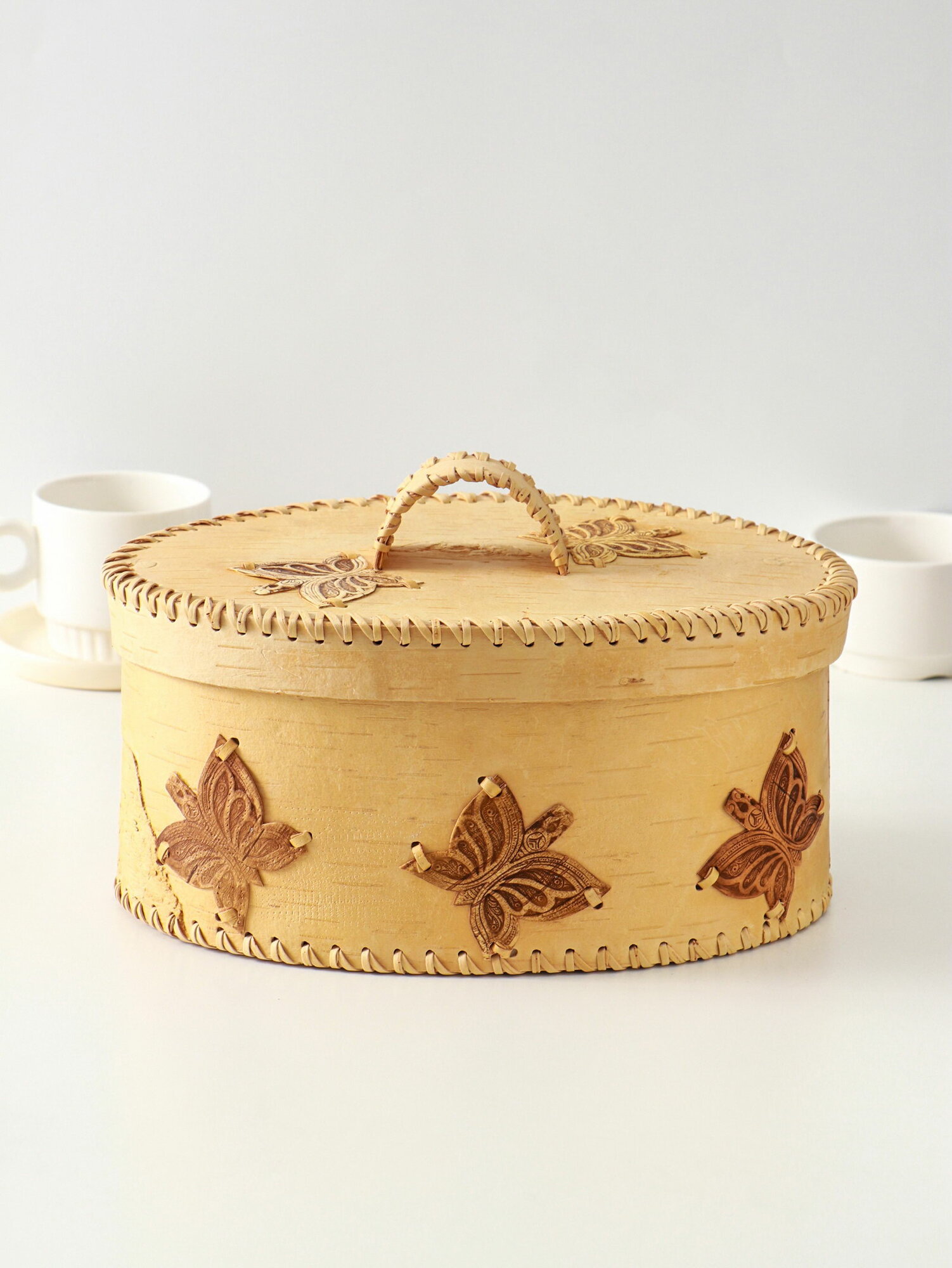 Хлебница с ручкой "Бабочки", 30x18x19 см, береста, цвет: бежевый