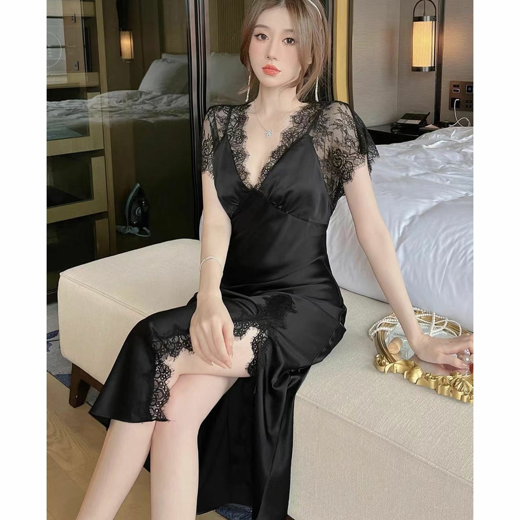 Ночная сорочка из ледяного шелка для женщин, сексуальное платье на бретелях, осеннее кружевное платье с вырезами, красивая спина, стиль чистого желания, длинное платье, ночная сорочка, домашняя одежда