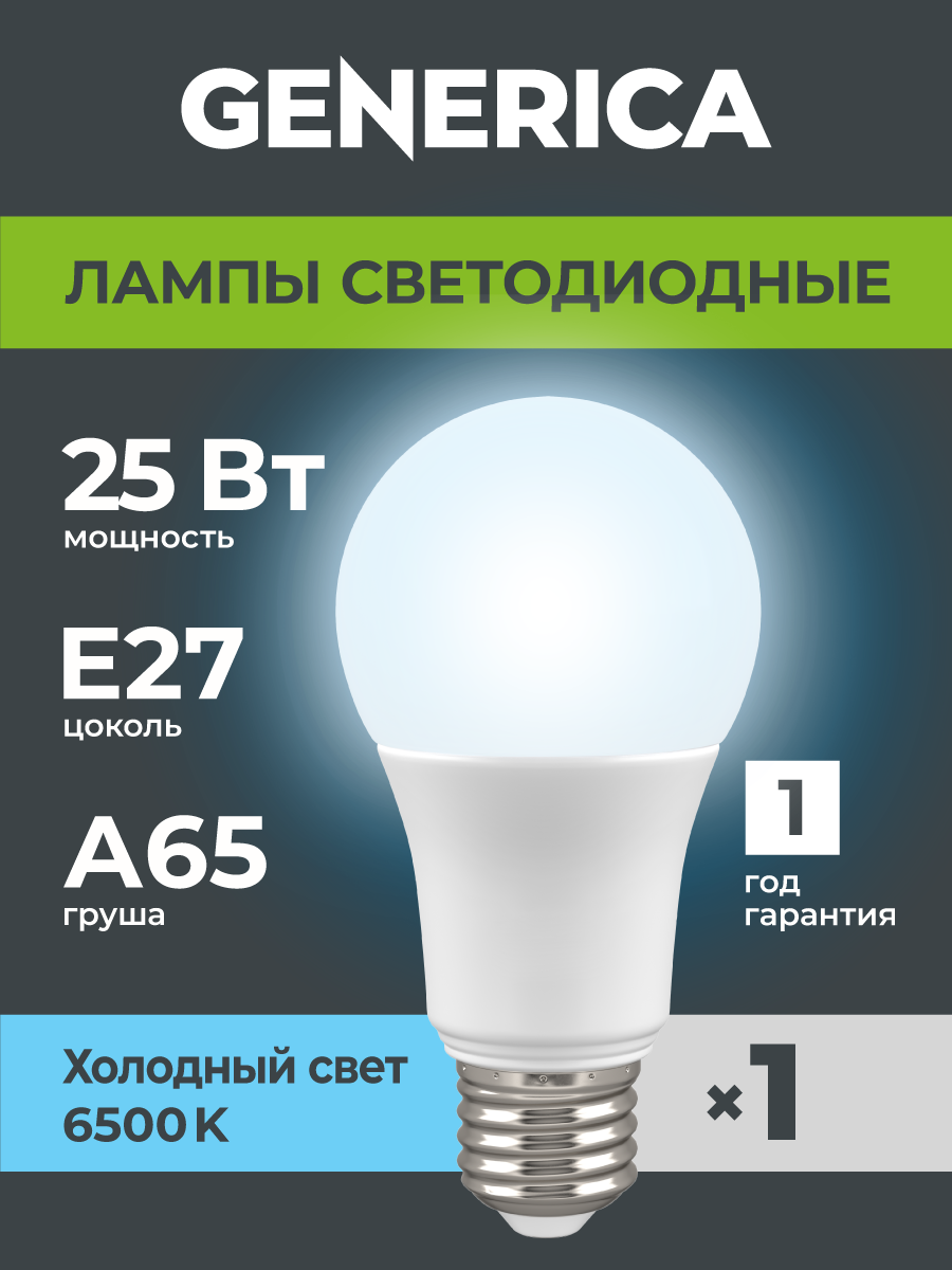 Лампочка Generica LED A65 груша 25Вт E27, 6500К холодный белый свет, матовая, 2500лм, IP20