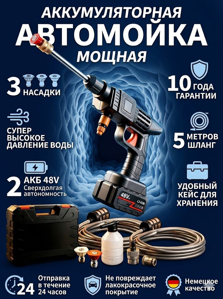 Мойка высокого давления аккумуляторная для автомобиля, Автомойка, в кейсе 2 аккумулятора, 3 насадки