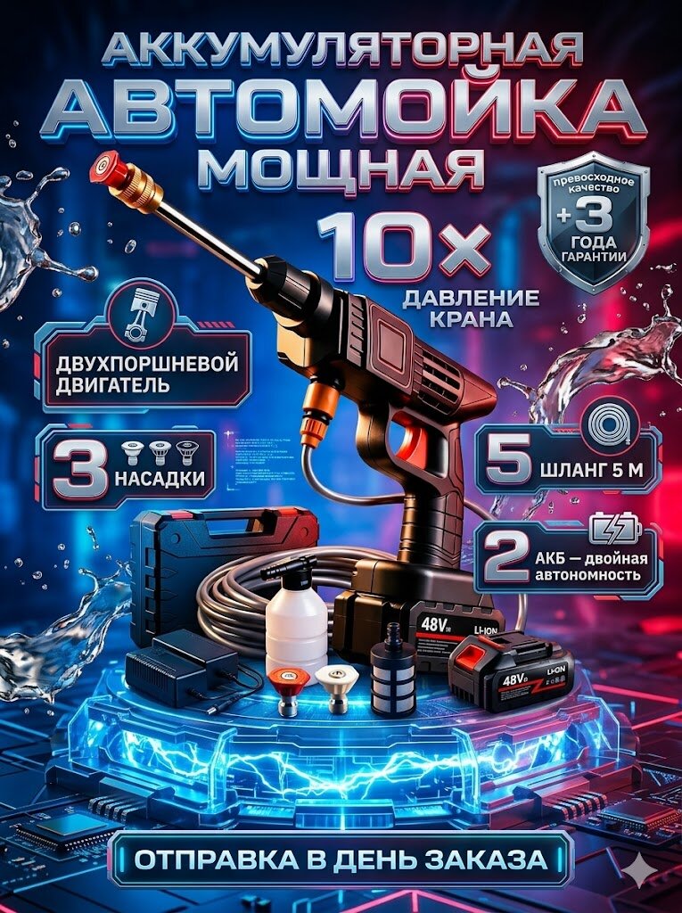 Мойка высокого давления аккумуляторная для автомобиля, Автомойка, в кейсе 2 аккумулятора, 3 насадки