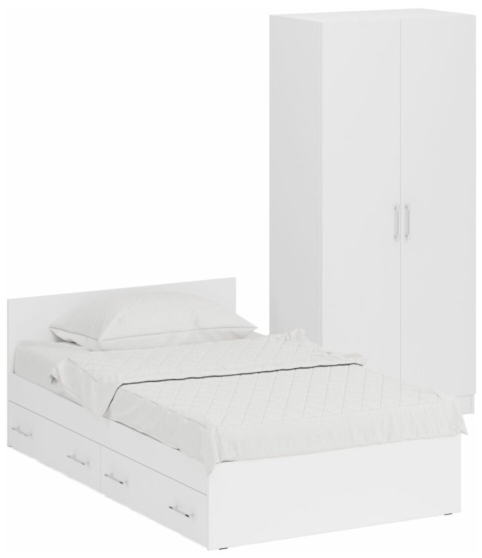 Кровать белая с ящиками 00 со шкафом для одежды -х створчатым Стандарт, белый, см 1200х2000 мм, без матраса, основан
