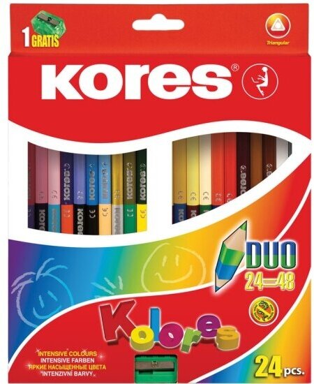 Карандаши цветные Kores 48цв 24шт 3-гран, двустор с точилкой 93224.