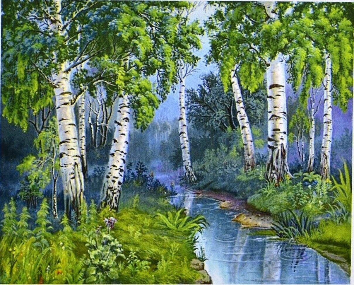 Набор для творчества, набор для вышивания крестиком "Лесной пейзаж, река, березы" (размер 72 см *100 см)