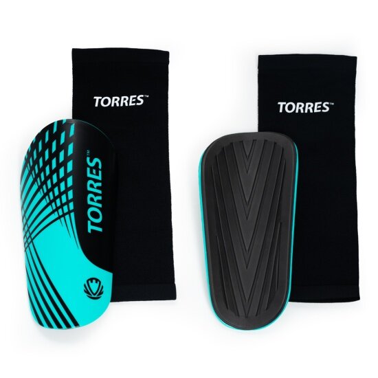 Щитки футбольные Torres Pro, FS2308M, р. M, без голеностопа, без застежки, эластичный чулок, черно-бирюзоый