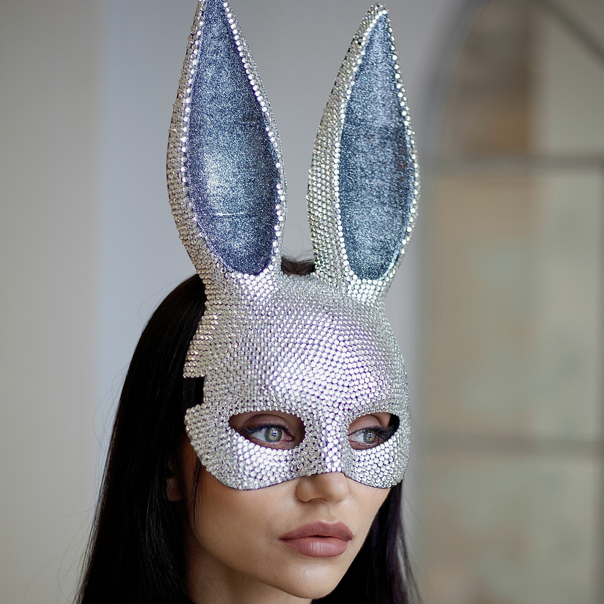 Маска droplet "shiny", зайчик, заяц, кролик, блестящая, из страз, карнавальная, для фотосессии
