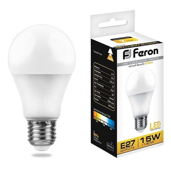Feron ЛОН A60 E27 15W(1300lm) 2700K 2K матовая 115x60, LB-94 25628