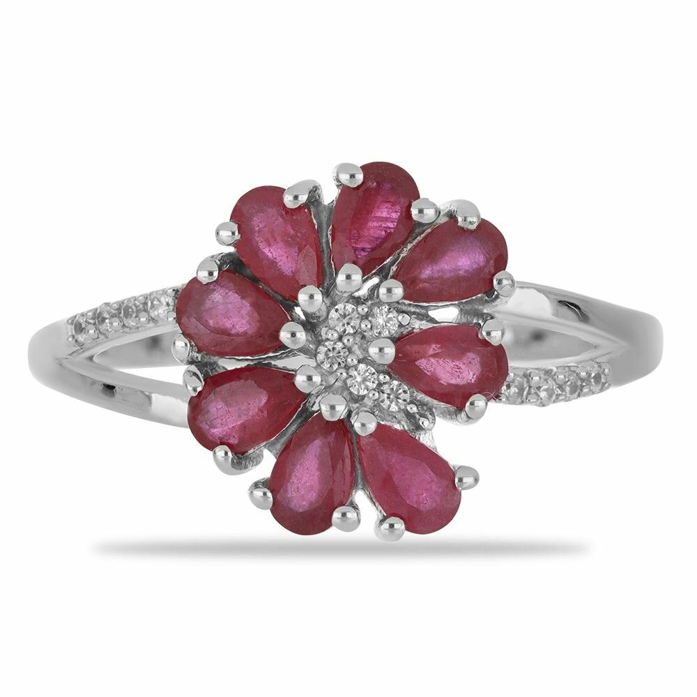 Кольцо, серебро, 925 проба, родирование, циркон, рубин