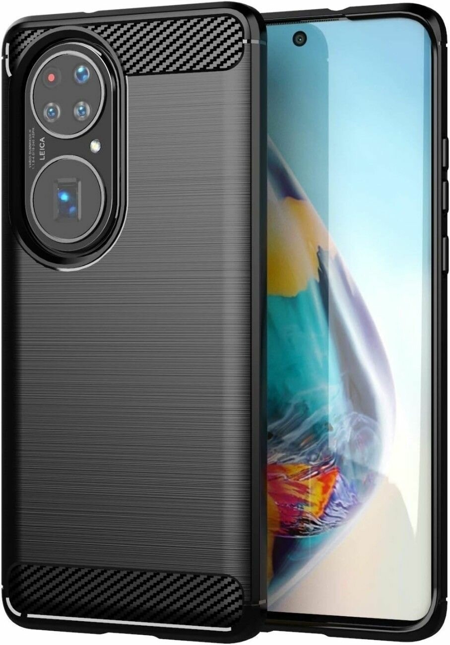 Чехол на Huawei P50 Pro силиконовый карбон сталь чёрный противоударный