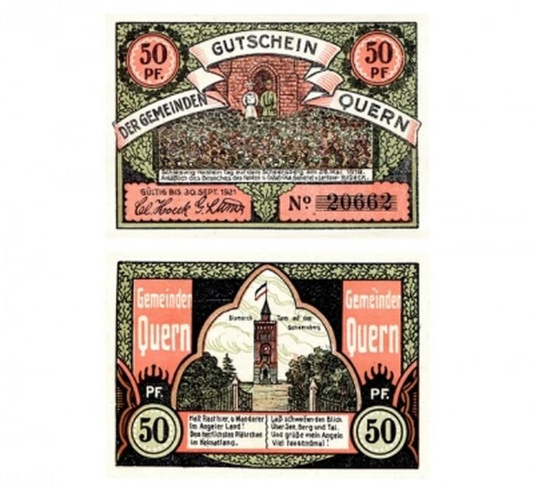 Нотгельд 50 пфеннигов 1921 Германия, Кверн, сувенирная копия, банкноты и купюры редкие коллекционные