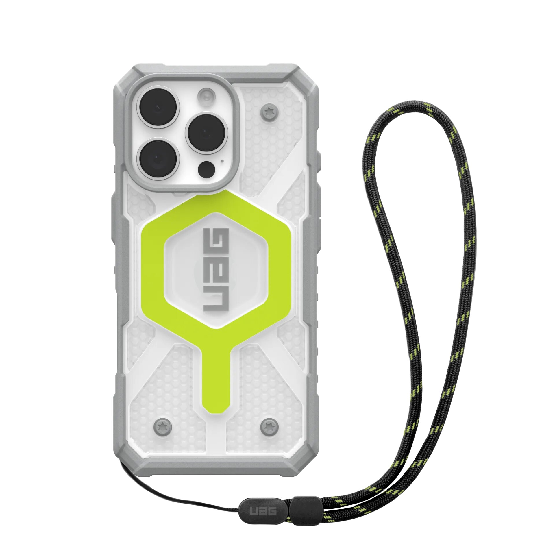 Чехол + шнурок с поддержкой MAGSAFE Uag Pathfinder Clear для iPhone 16 Pro 6.3", цвет неон (Active Neon Lanyard)