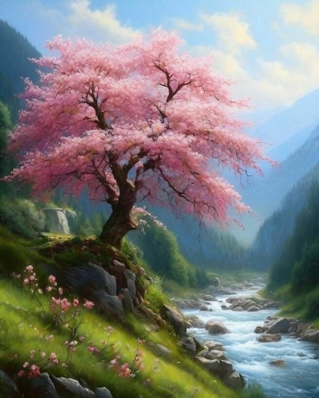 Картина по номерам на подрамнике 40*50 см "Сакура у реки"