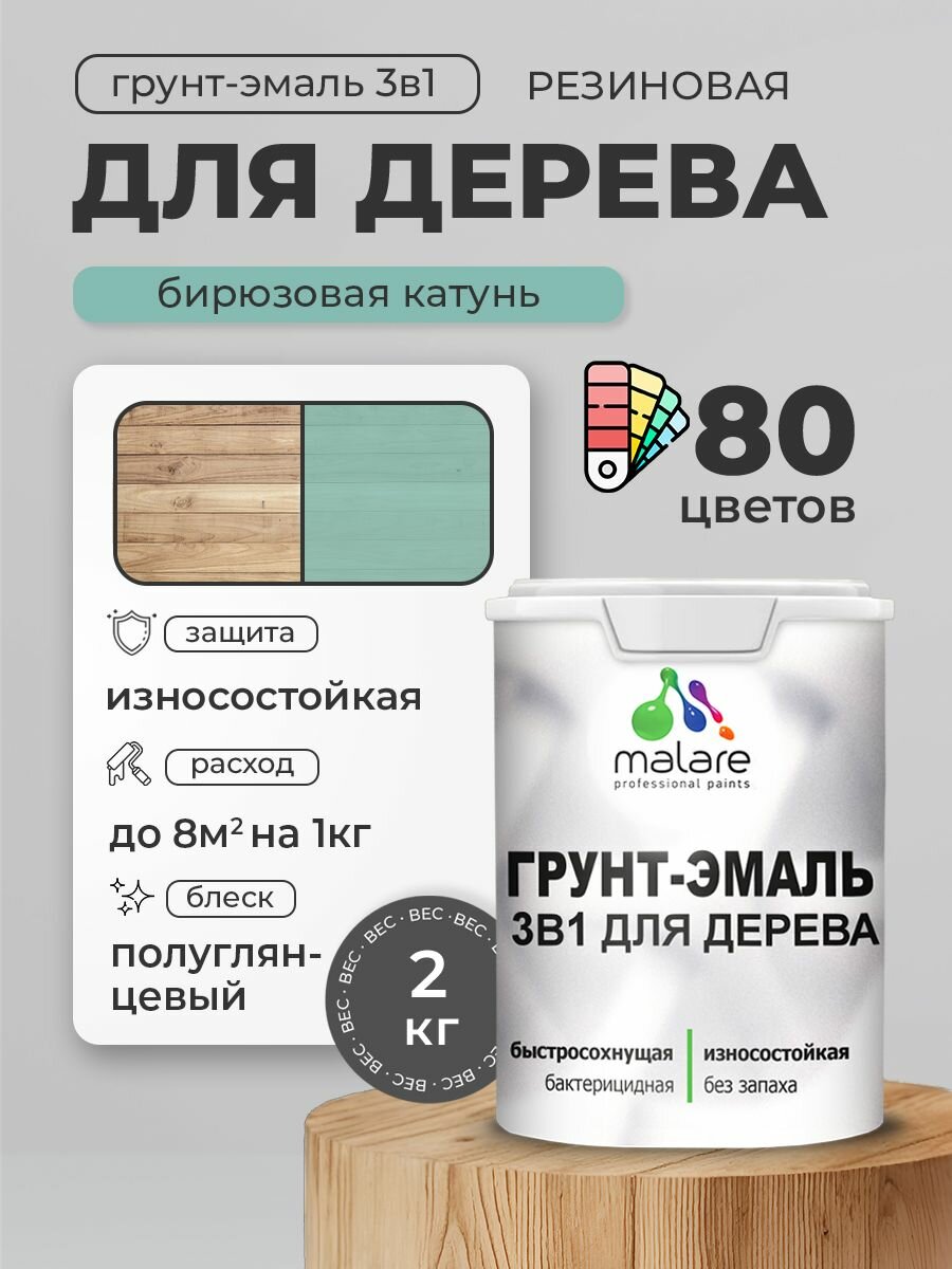 Резиновая Грунт-Эмаль 3 в 1 Malare для деревянных поверхностей/ краска по дереву с антисептическим эффектом/ быстросохнущая моющаяся без запаха полуглянцевая, бирюзовая катунь, 2 кг