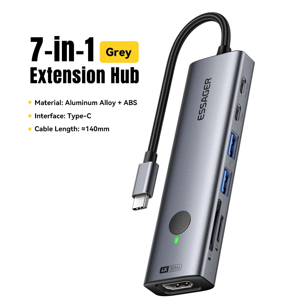 Essager USB C HUB 4K30 Гц 7-в-1 Type-C к HDMI-совместимому 100 Вт SD и TF USB3.0 5 Гбит/с для MacBook PC USB-разветвитель Док-станция
