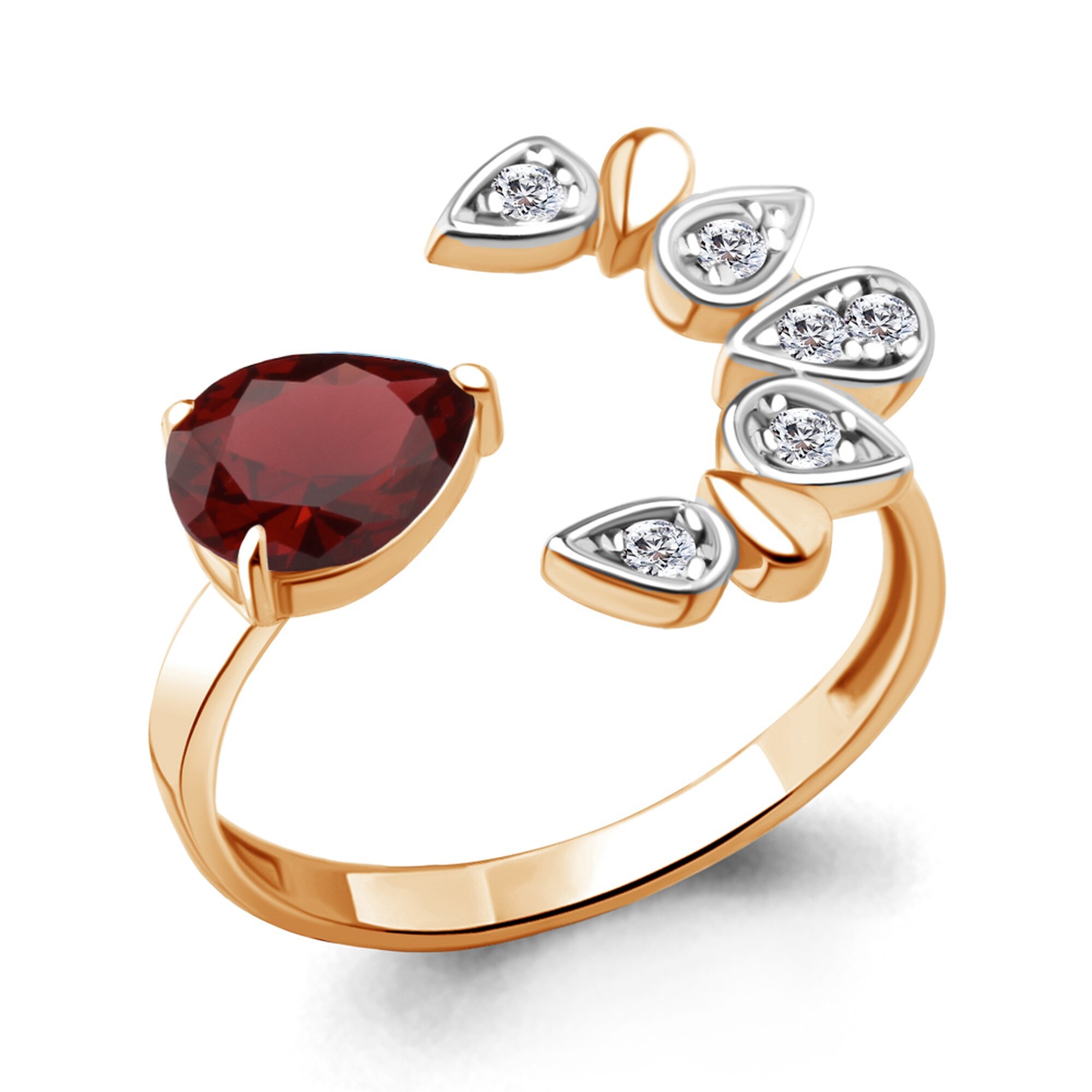 Кольцо, серебро, 925 проба, золочение, гранат, фианит