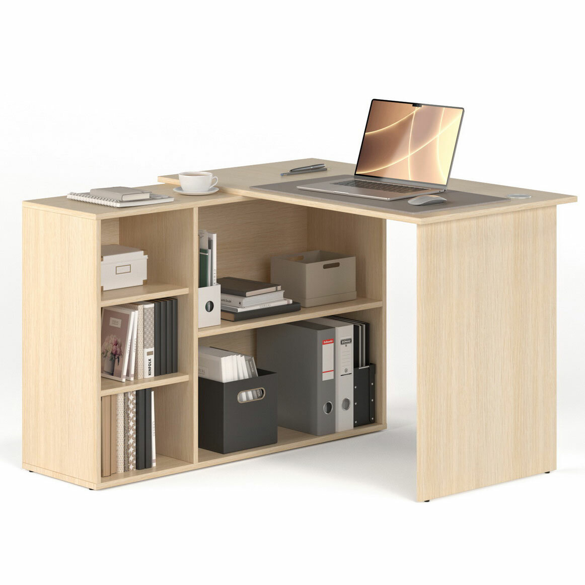 Письменный стол с поворотной тумбой с полочками (тумба слева) МагМебель №94 дуб молочный