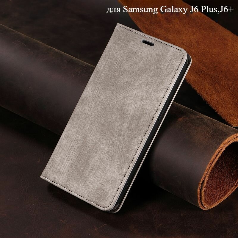 Кожаный чехол-книжка для Samsung Galaxy J6 Plus, J6+ (Самсунг j6 plus, Самсунг галакси джи 6 плюс) , магнитный, с отделениями для карт и кошельком