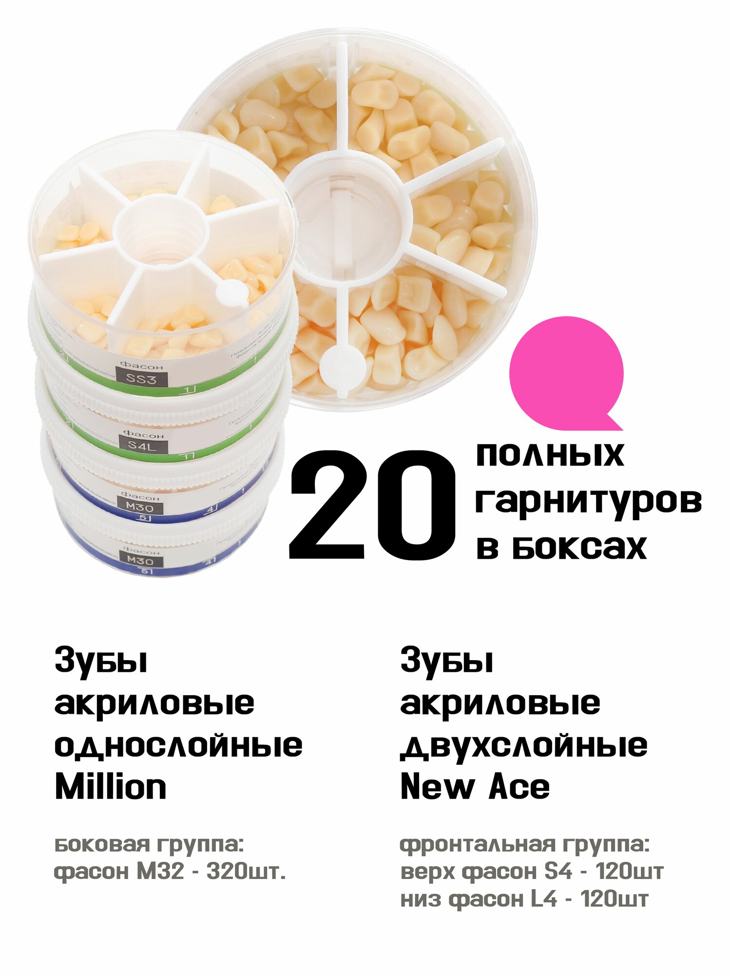 Зубы акриловые, вариант исполнения: New Асе -двухслойные, фронтальные, ф. S4/L4. Million -однослойные, жевательные, фас. M32 (верх/низ). Цвет A3; 20 гарнитуров в боксах.
