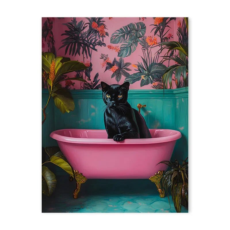 Печать на холсте "Черный кот, гепард в ванной" 29, 30x40cm No Framed