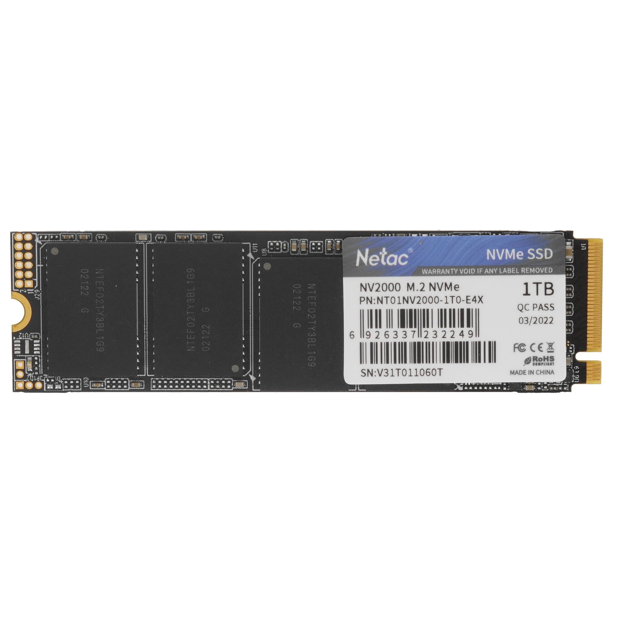 Твердотельный накопитель SSD M.2 Netac 1.0Tb NV2000 Series Retail (PCI-E 3.1 x4, up to 2500/2100MBs, 3D NAND, NVMe)