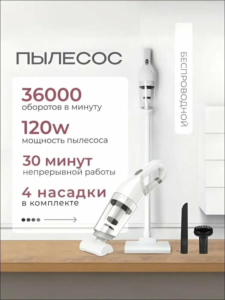 Пылесос вертикальный беспроводной 2в1, пылесос для дома, для автомобиля, белый