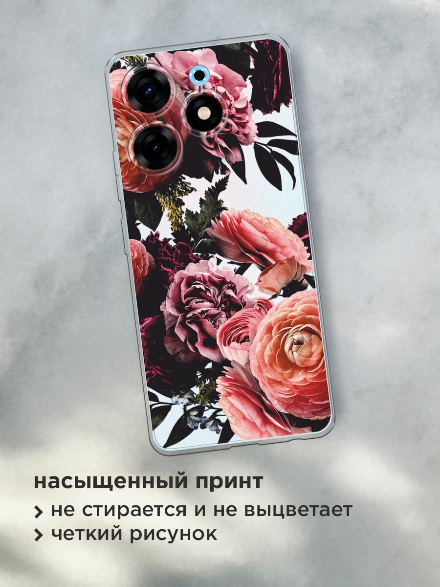 Чехол на Tecno Spark 10 Pro / Текно Спарк 10 Про с принтом "Бордовые винтажные цветы", прозрачный — фото 1
