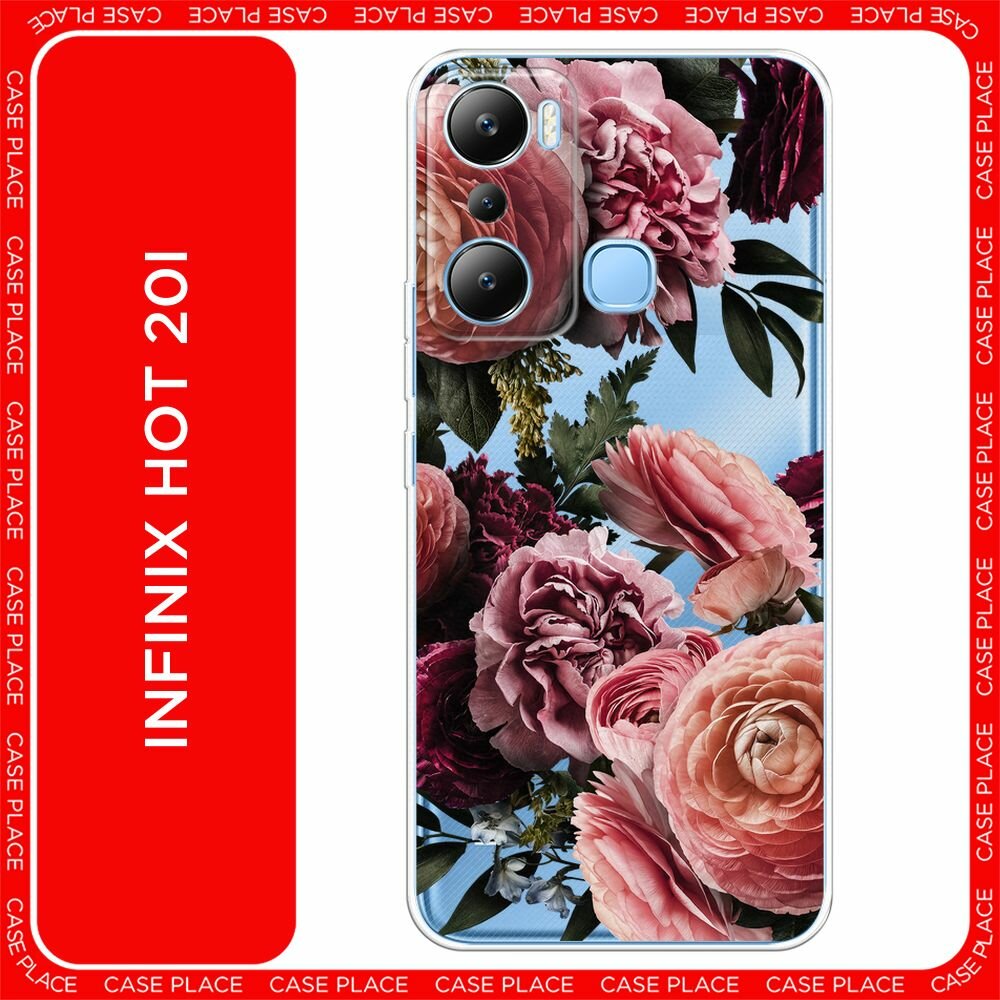 Чехол на Infinix HOT 20i / Инфиникс Хот 20i с принтом "Бордовые винтажные цветы", прозрачный