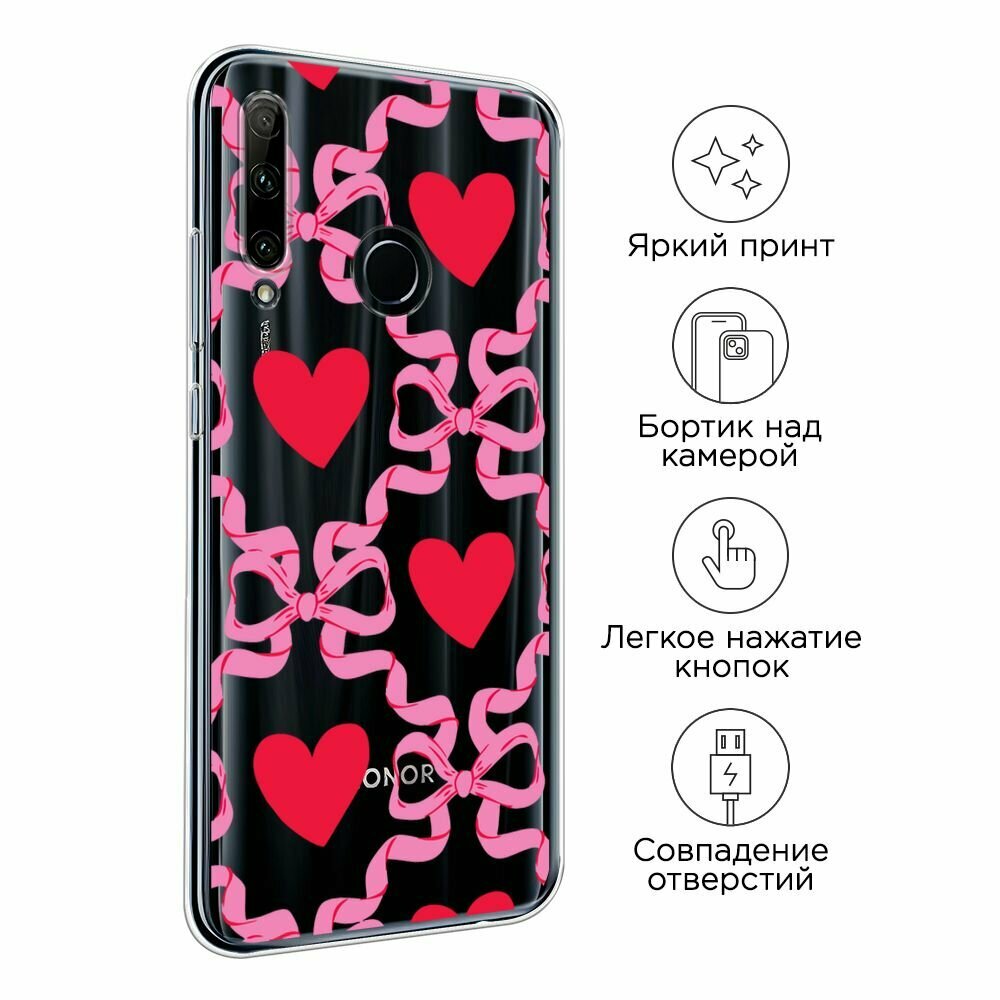 Чехол на Honor 10i/20 Lite 2019/20e/Huawei P Smart Plus 2019 с принтом "Hearts and ribbons 2 - 14 февраля", прозрачный — фото 1