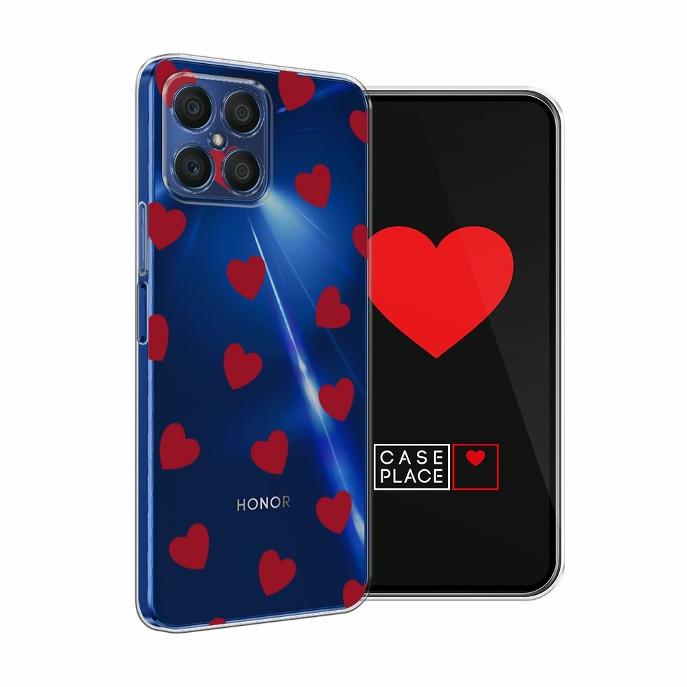 Чехол на Honor X8 / Хуавей X8 с принтом "Бордовые сердечки паттерн - 14 февраля", прозрачный — фото 1