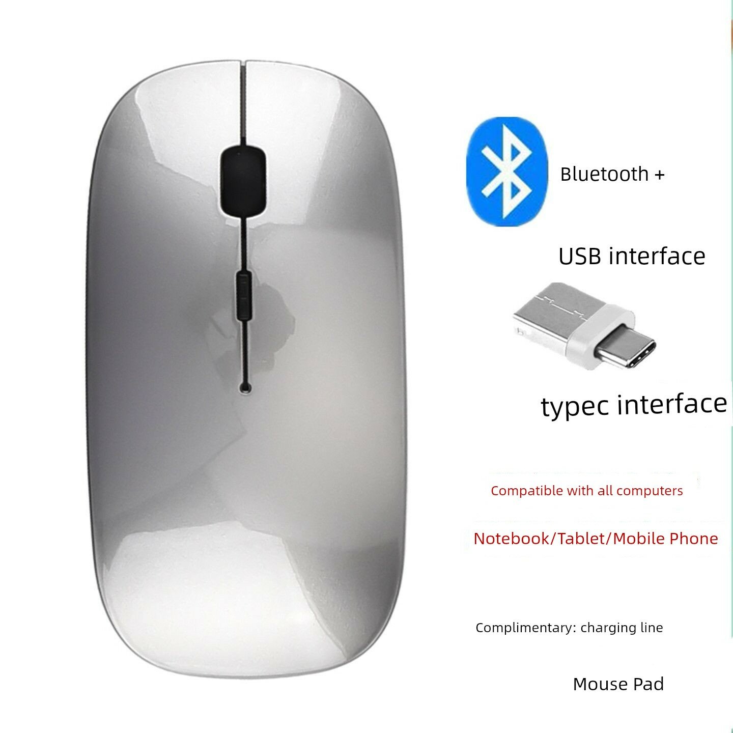 Беспроводная мышь Bluetooth подходит для планшетов Lenovo, Huawei, Xiaomi, Apple iPad, бесшумное использование дома, на