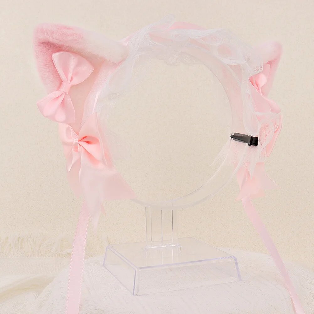 Розовая повязка на голову с кошачьими ушками Pink White