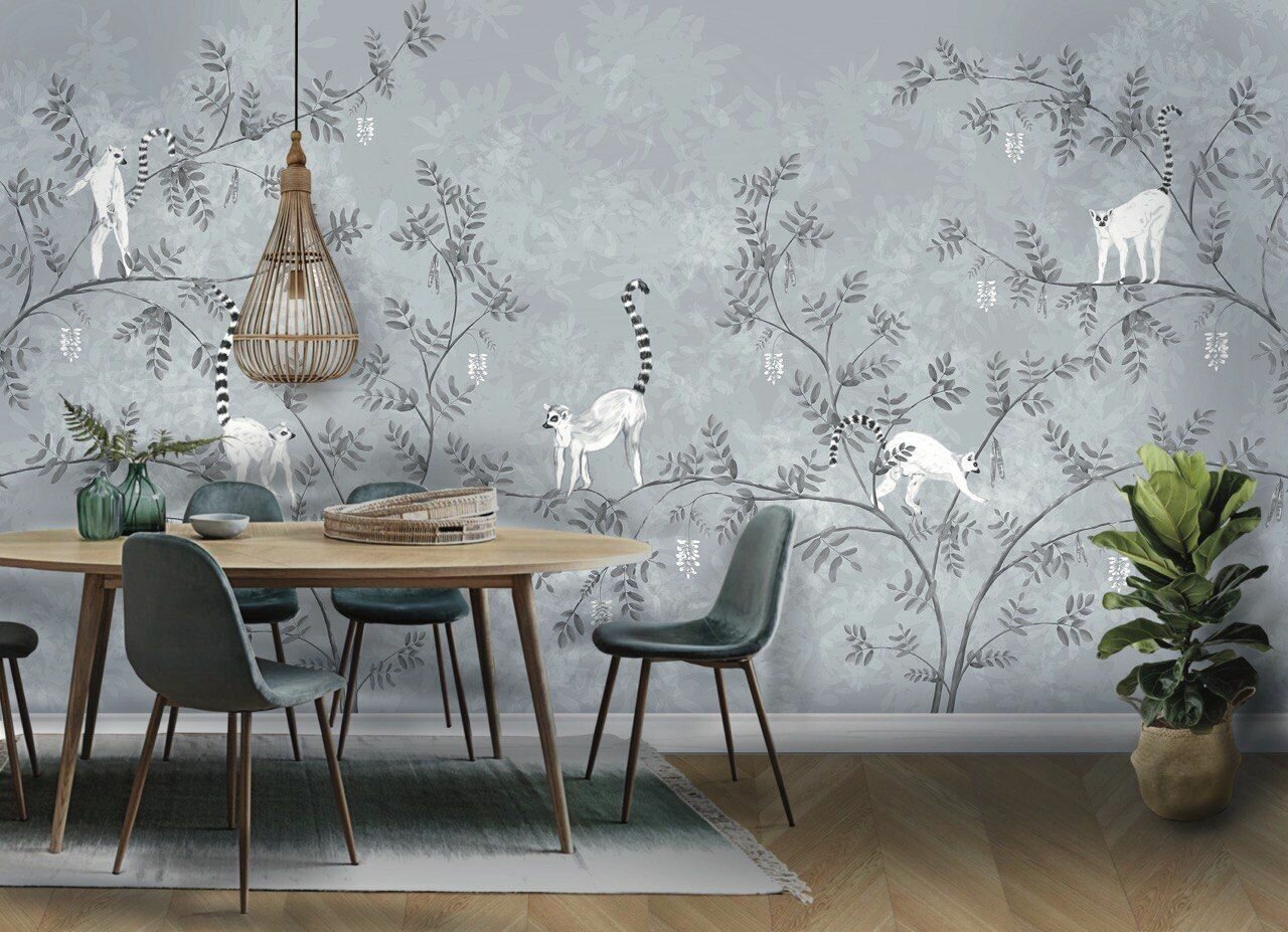 Фреска бесшовная Лемуры Монохром серый (текстура листья) (ширина 3100мм х длина 2000мм)