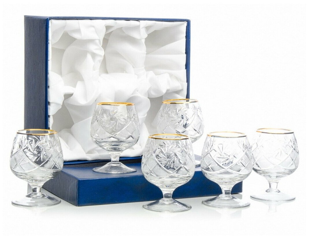 Бокалы хрустальные для коньяка с позолотой Мельница 200 мл 6 шт