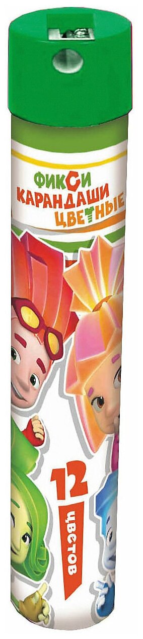 Цветные карандаши Фиксики 12 цветов, точилка, металлический тубус