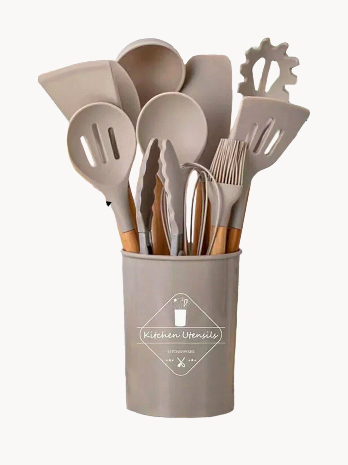 Кухонный набор 11 предметов — силиконовые аксессуары с подставкой, бежевый, в подарок