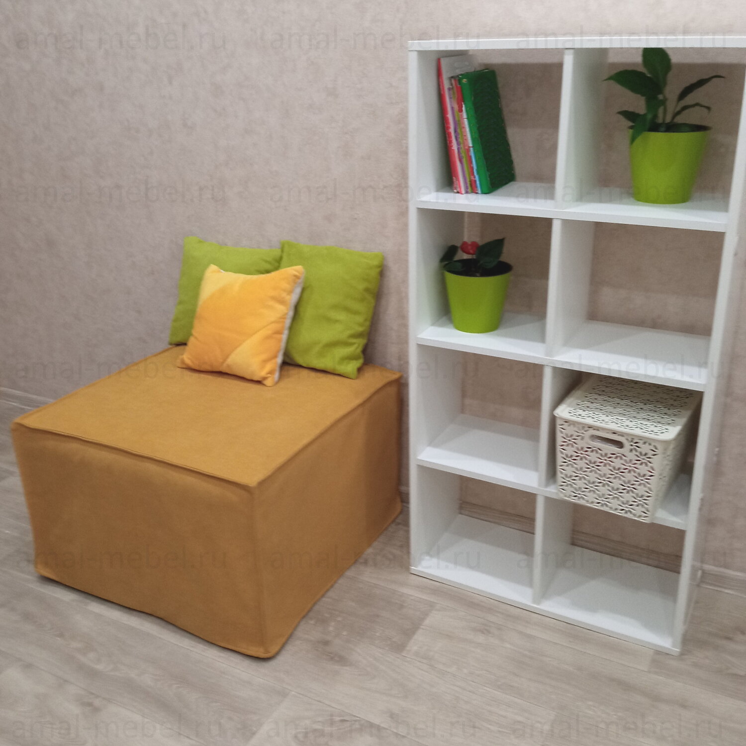 Пуф кровать на колесиках, 80*80см, Матрас 10см, Горчичный