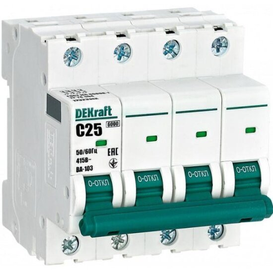 Автоматический выключатель модульный Dekraft 4п C 25А 6кА ВА-103, 12323DEK