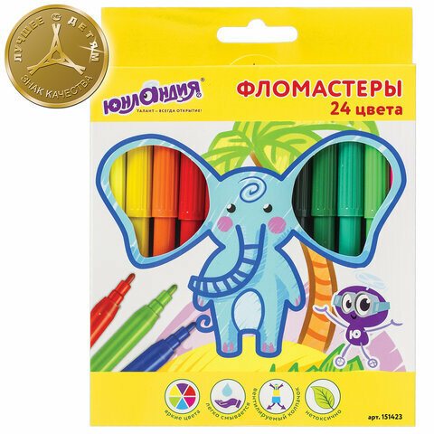 Фломастеры юнландия 24 цвета, "экзотика", вентилируемый колпачок, картон, 151423