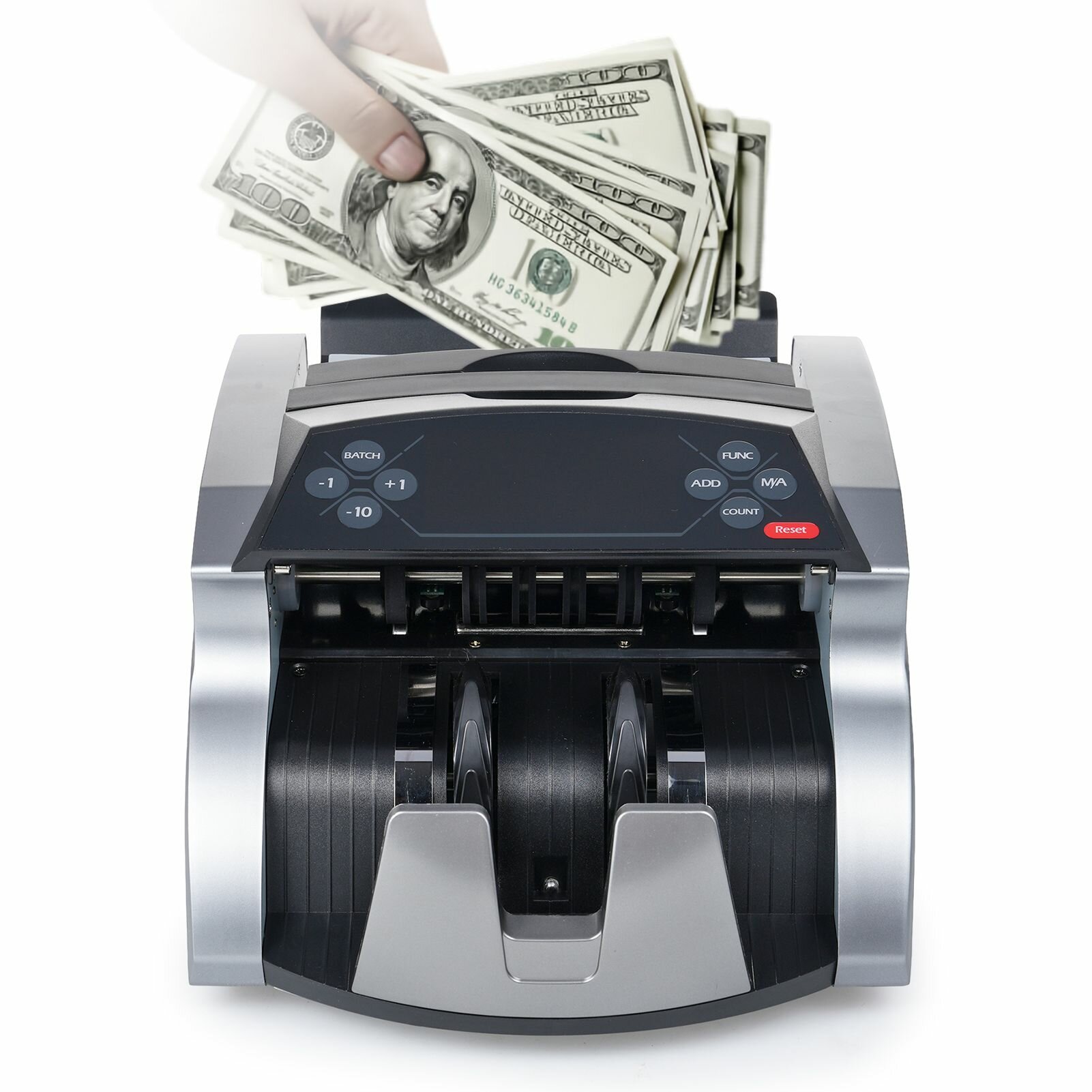 Счетчик денежных купюр с детекцией подделок: УФ, MG, IR. Автоматическое распознавание валют. Высокоскоростной подсчет для EURO, USD, GBP и других.