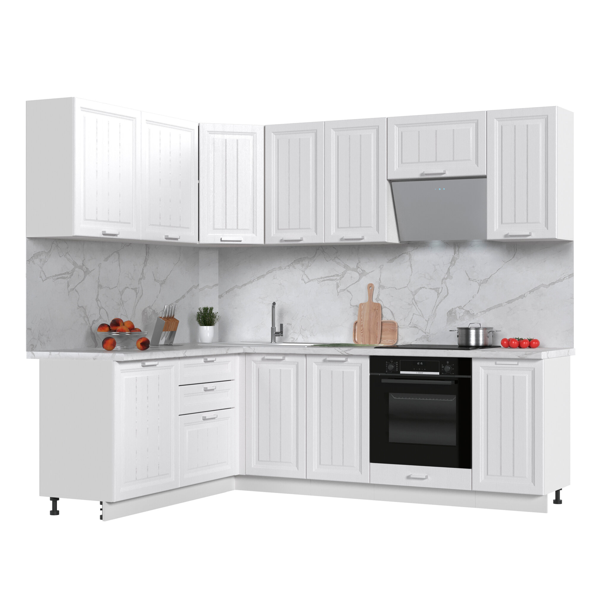 Кухонный гарнитур угловой, столешница Мрамор Итальянский 26мм, Кухня Чехия 180х240см Белый/Белое Дерево