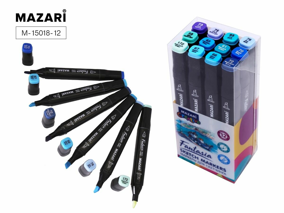 Скетч-маркеры Mazari "Fantasia", Marine Blue Colors, двусторонние, 3-6,2 мм, 12 шт (M-15018-12)