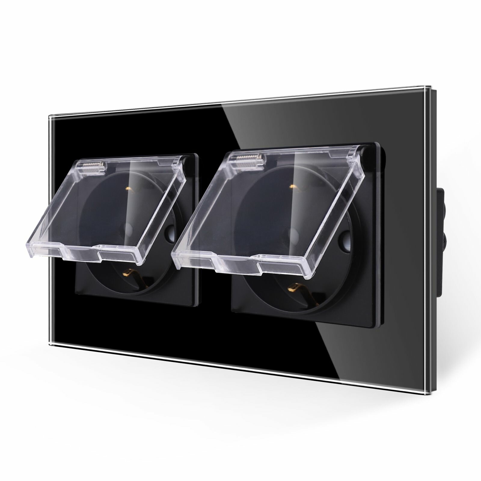 Розетка c водонепроницаемой крышкой 2 поста, Встраиваемая водонепроницаемая розетка на 16А стеклянна Черный c землей