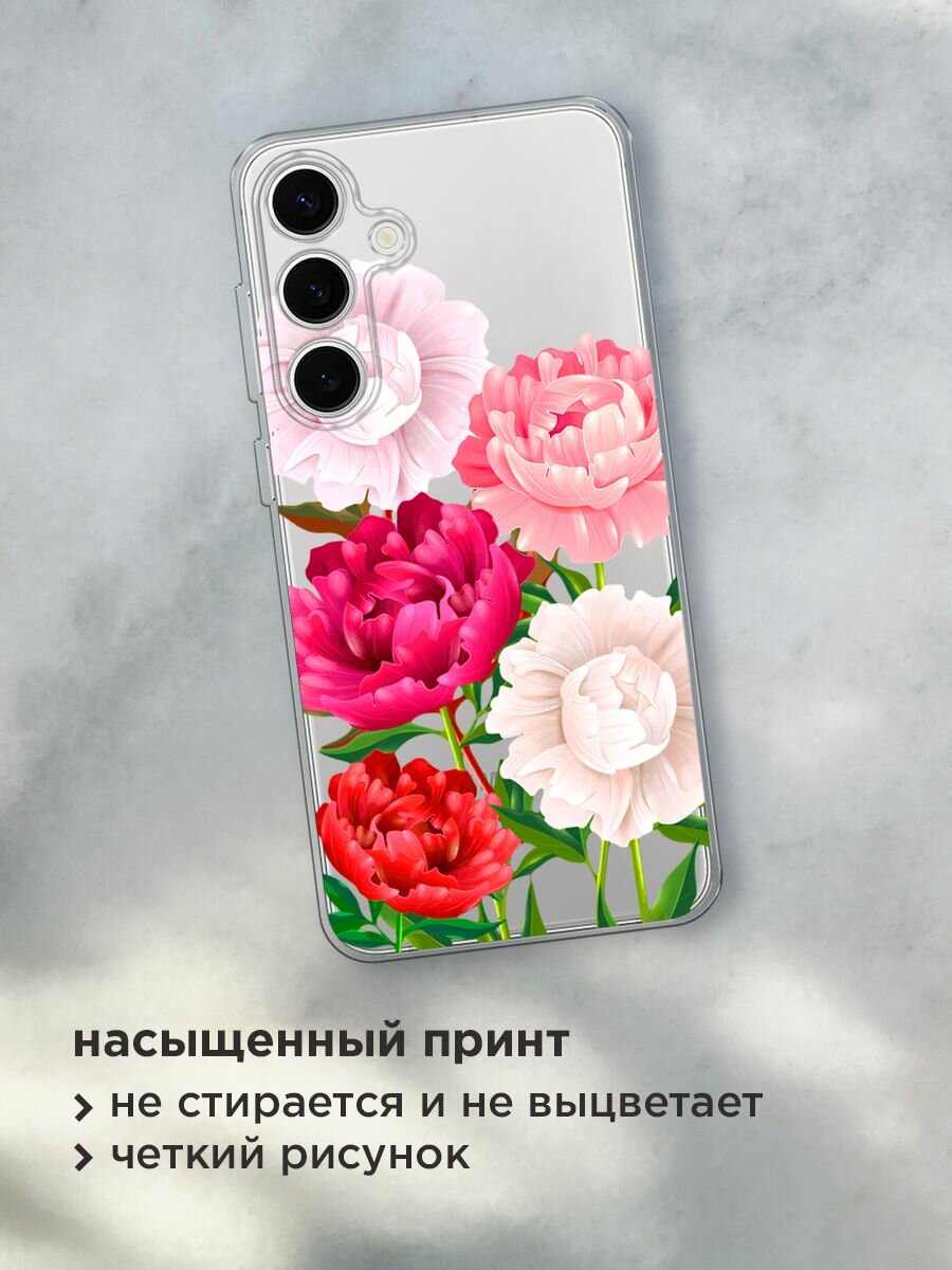 Чехол на Samsung Galaxy S25 FE / Самсунг S25 Фе с принтом "Большие пионы", прозрачный — фото 1