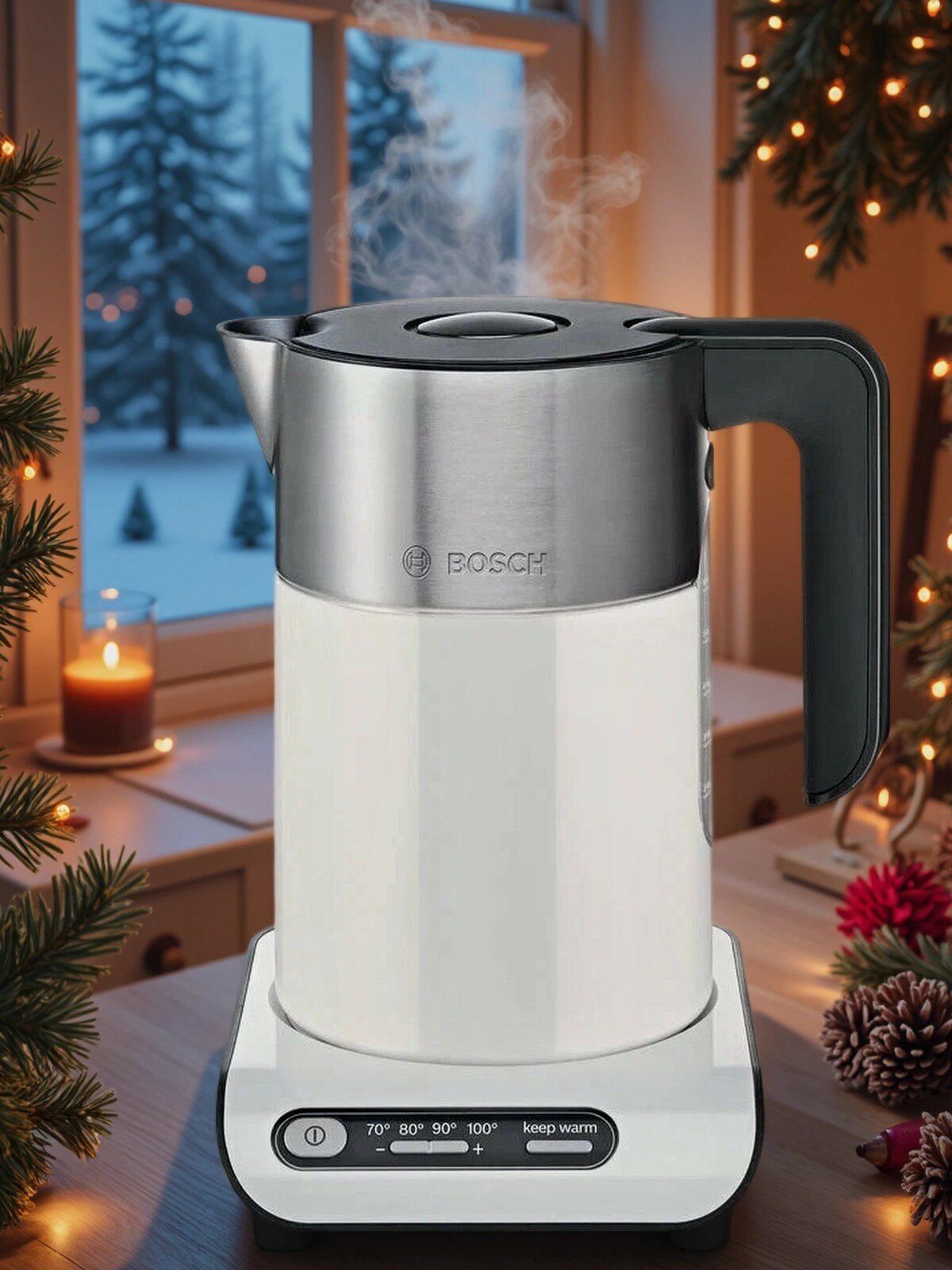 Чайник Bosch TWK8611P Styline, белый, 1.5 л, 2400 Вт, терморегулятор, поддержание температуры, защита от перегрева