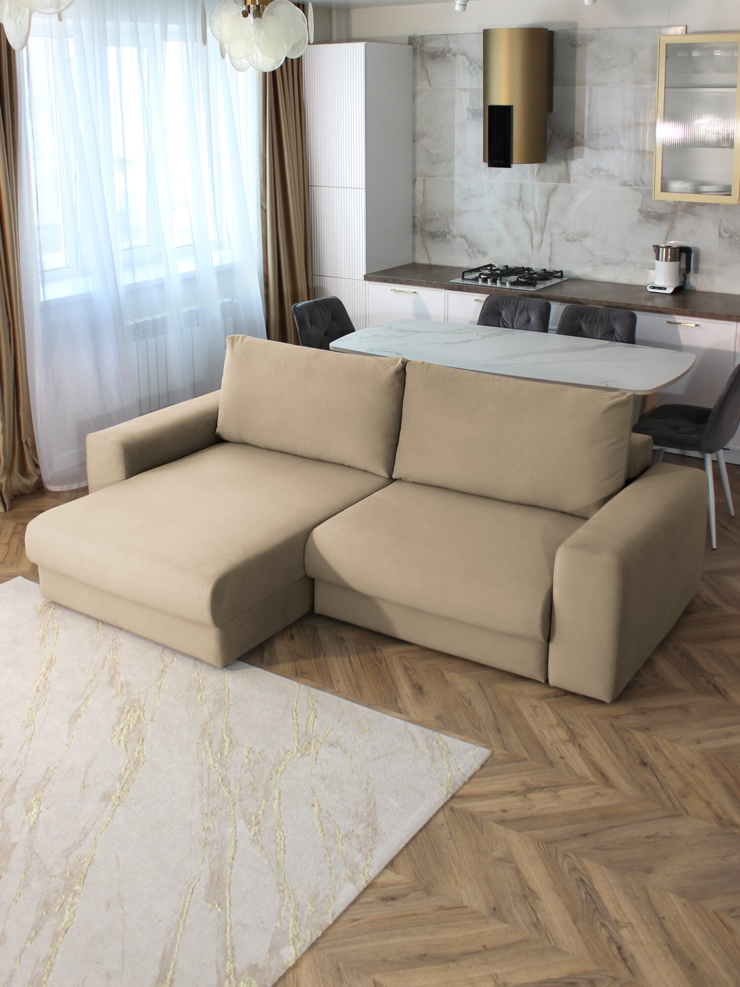 Диван-кровать угловой Лофт бежевый, левый угол, Независимый Пружинный Блок, механизм выкатная Еврокнижка, 250х155х65 см