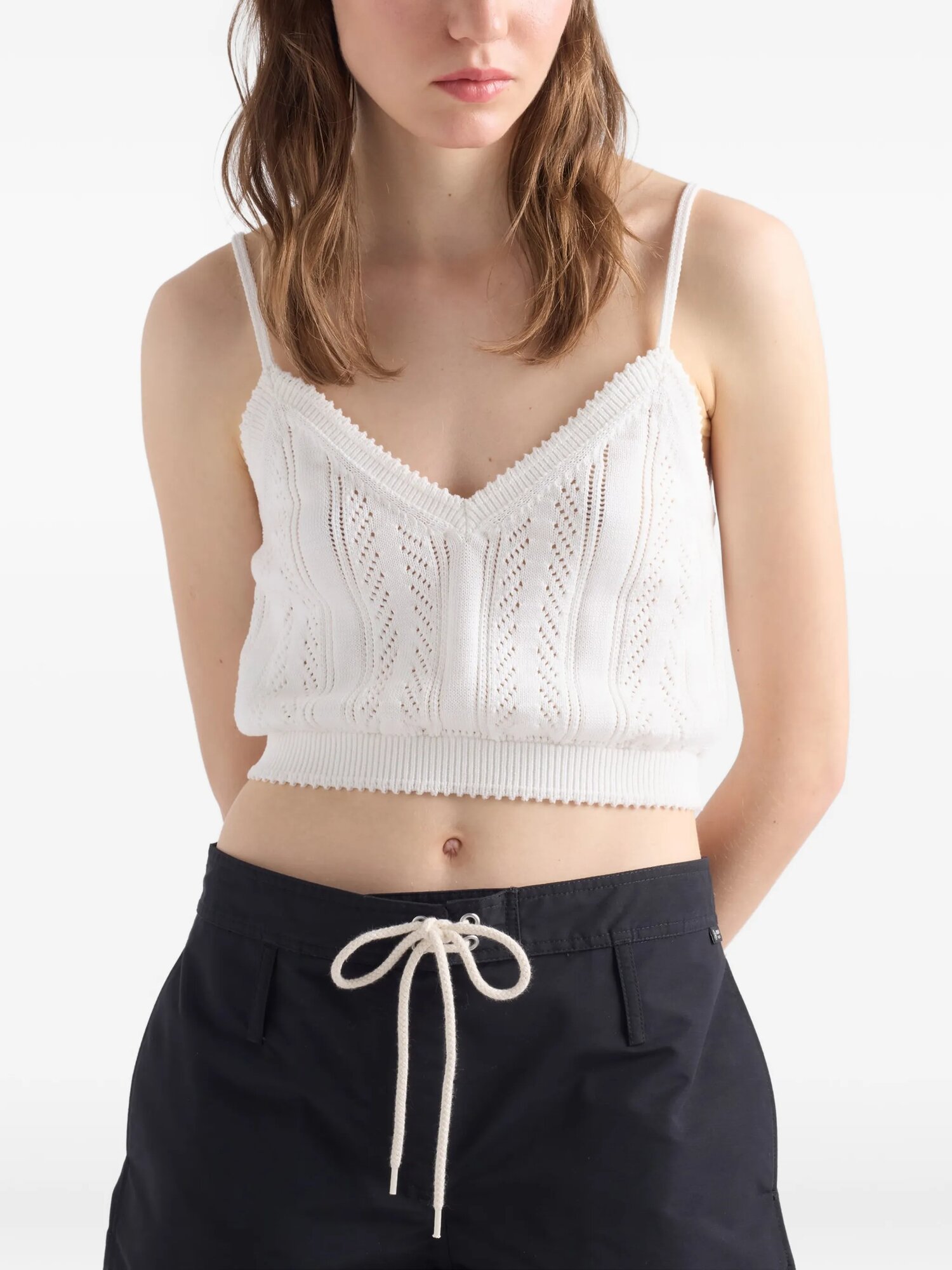 Топ Prada Openwork cotton crop top, размер 38, бежевый/белый — фото 1